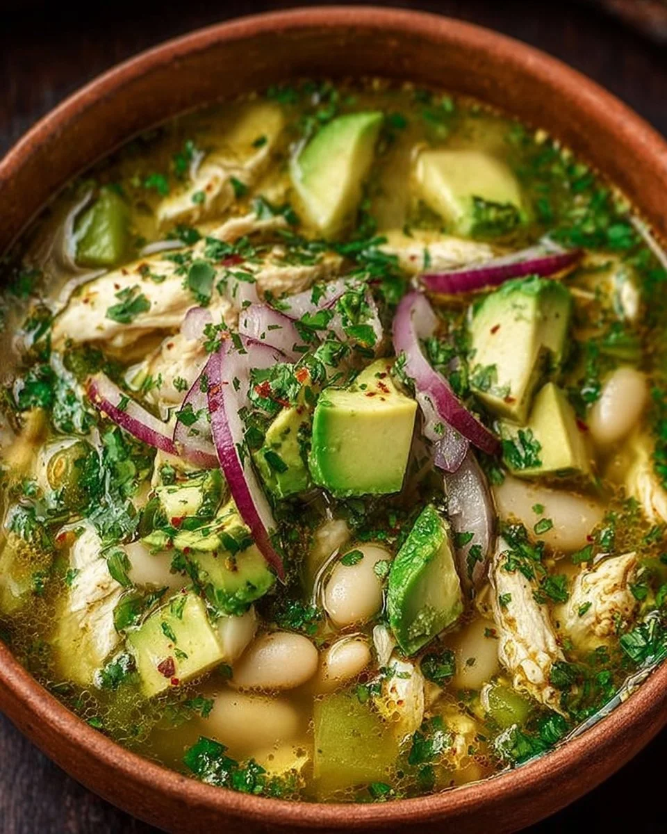 Zesty Green Chicken Chili Soup with White Beans & Avocado